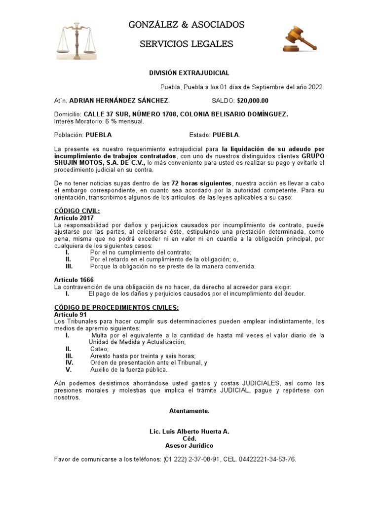 Carta Cobranza Extrajudicial | PDF | Pagos | Justicia