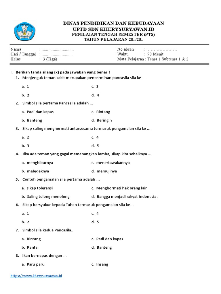 Soal PTS Kelas 3 Tema 1 Sub 1&2 - (WWW - Kherysuryawan.id) | PDF