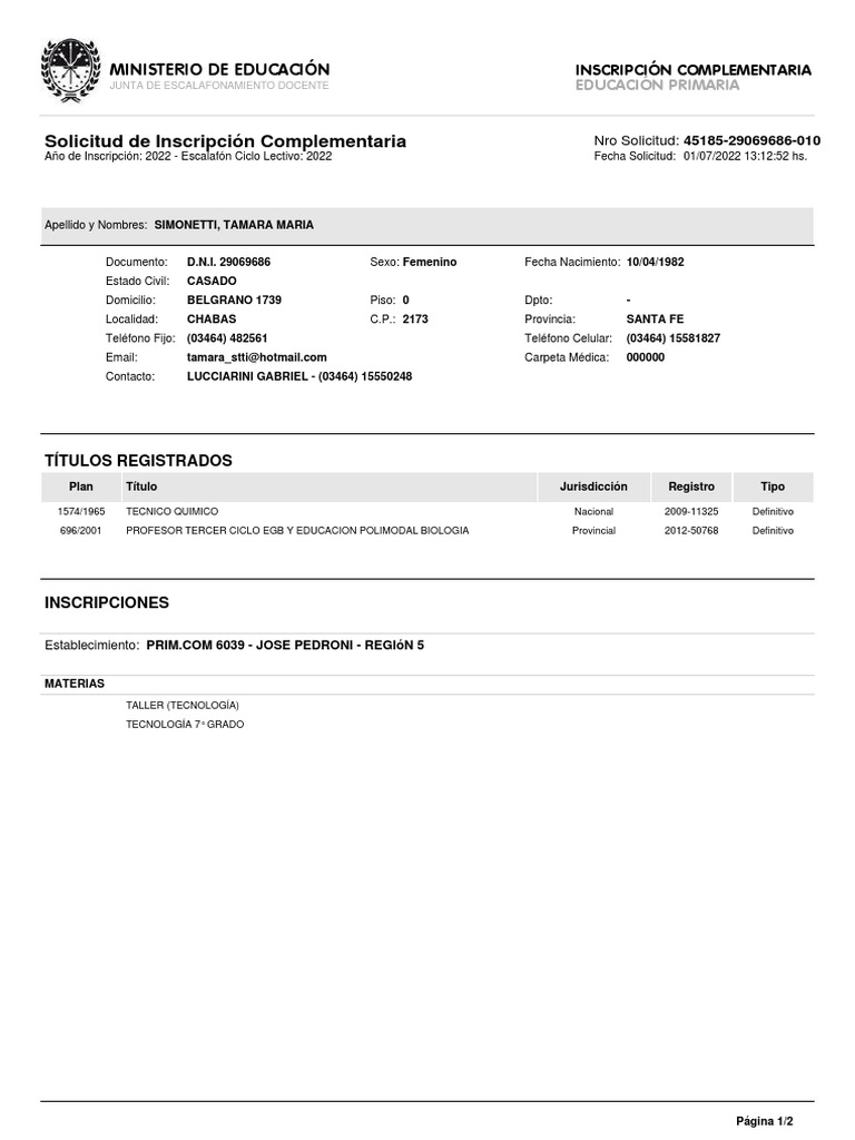 Solicitud de Inscripción Complementaria | PDF