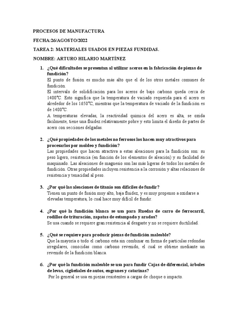 Tarea 2 Materiales Usados en Piezas Fundidas | Descargar gratis PDF | Hierro fundido | Aleación