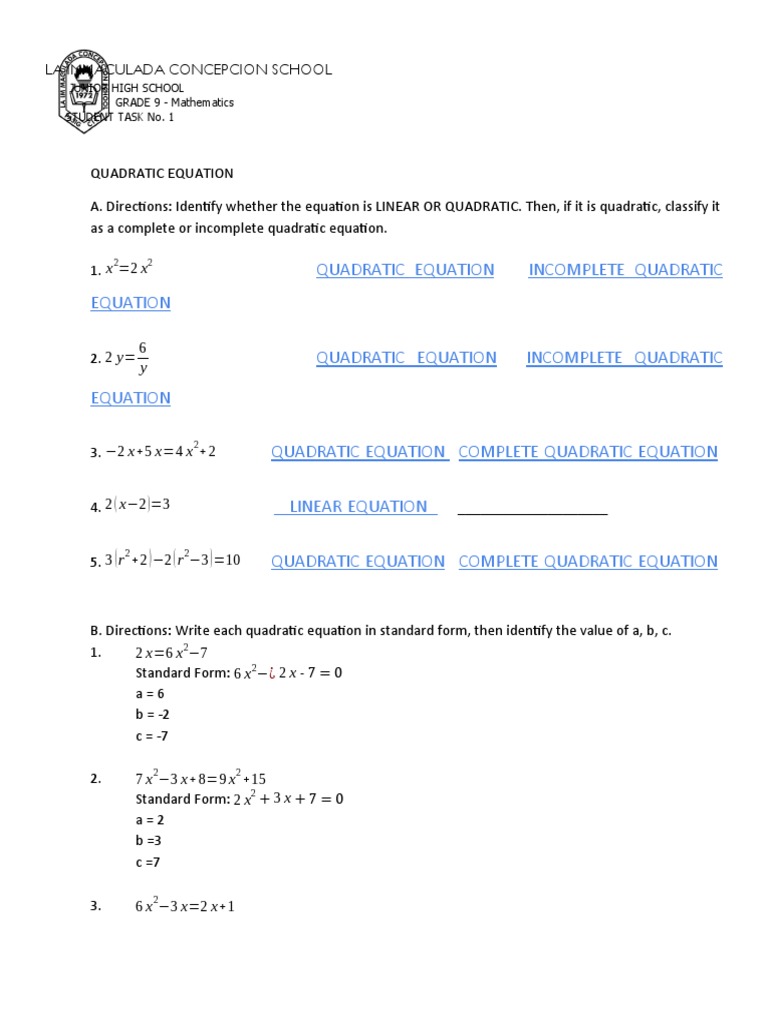 G9-MATH-ST 1 - Quadratic Equation | PDF