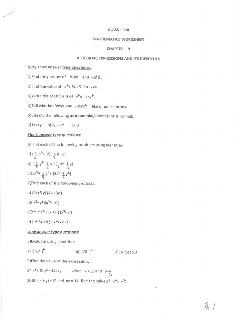 Algebraic-Expressions-And-Identities-Class 8-Maths | PDF