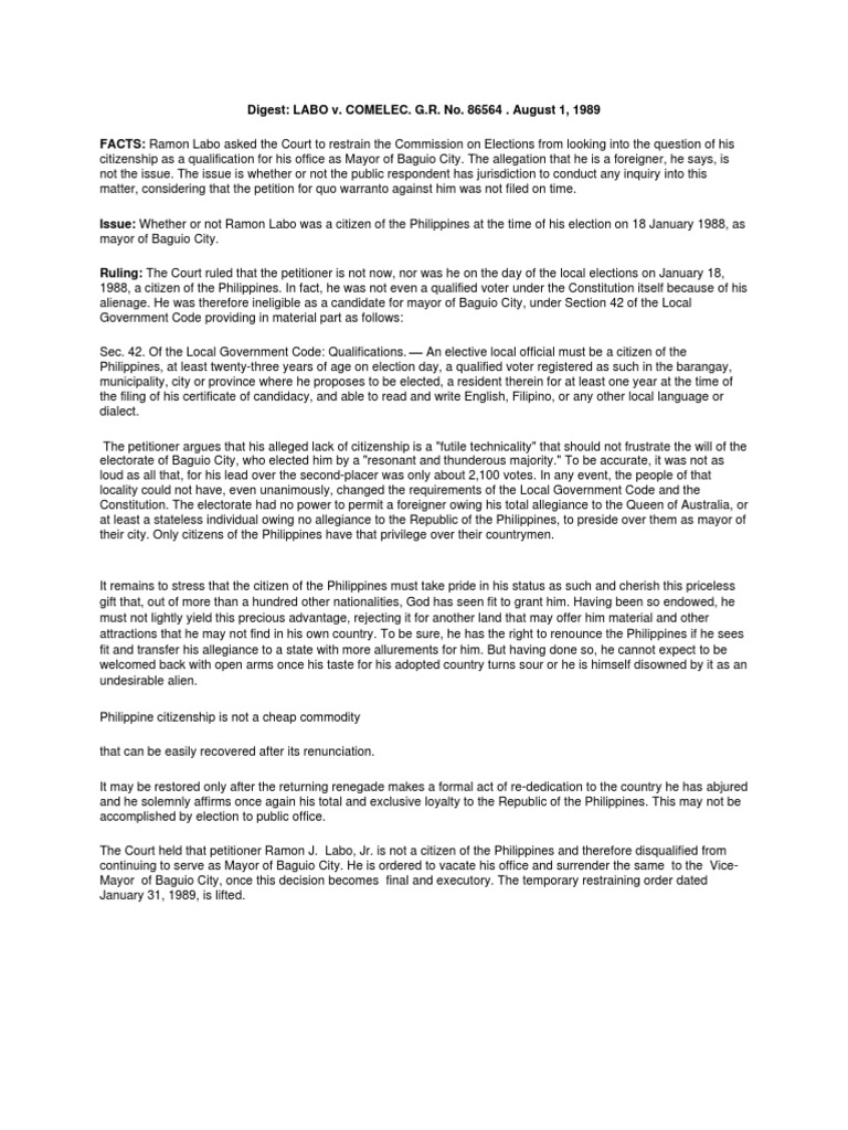 LABO V COMELEC | PDF | Citizenship | Constitutional Law