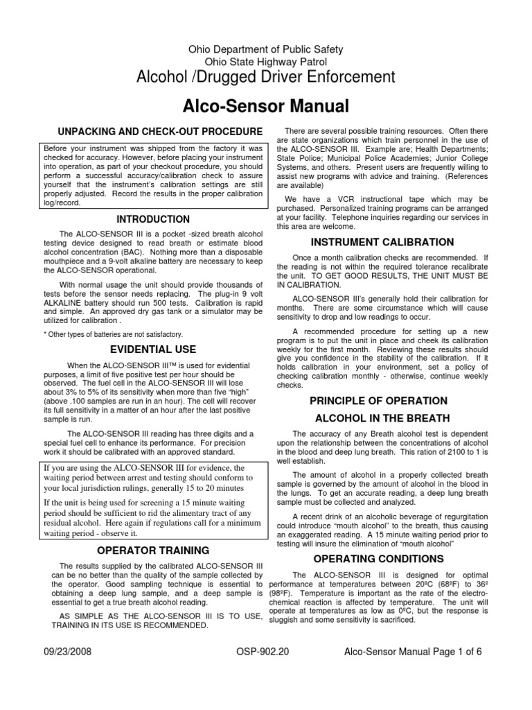 OSP-902.20 Alco Sensor Manual | PDF | Calibration | Battery (Electricity)