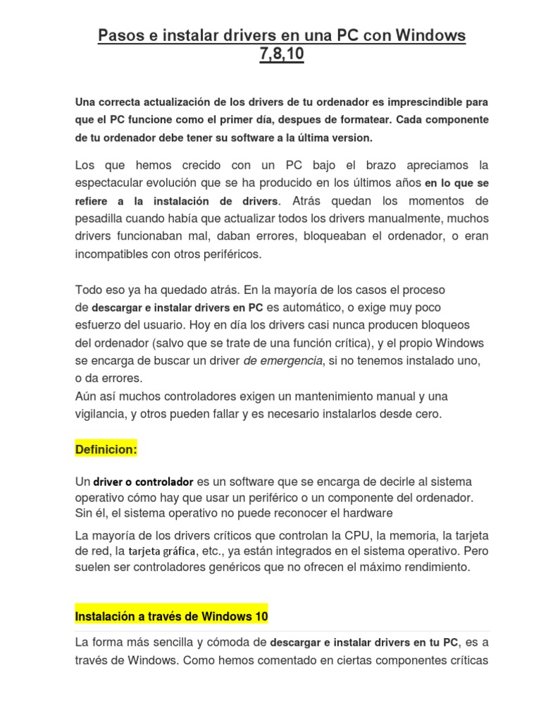 Pasos e Instalar Drivers en Una PC Con Windows 7,8,10 | PDF | Microsoft ...