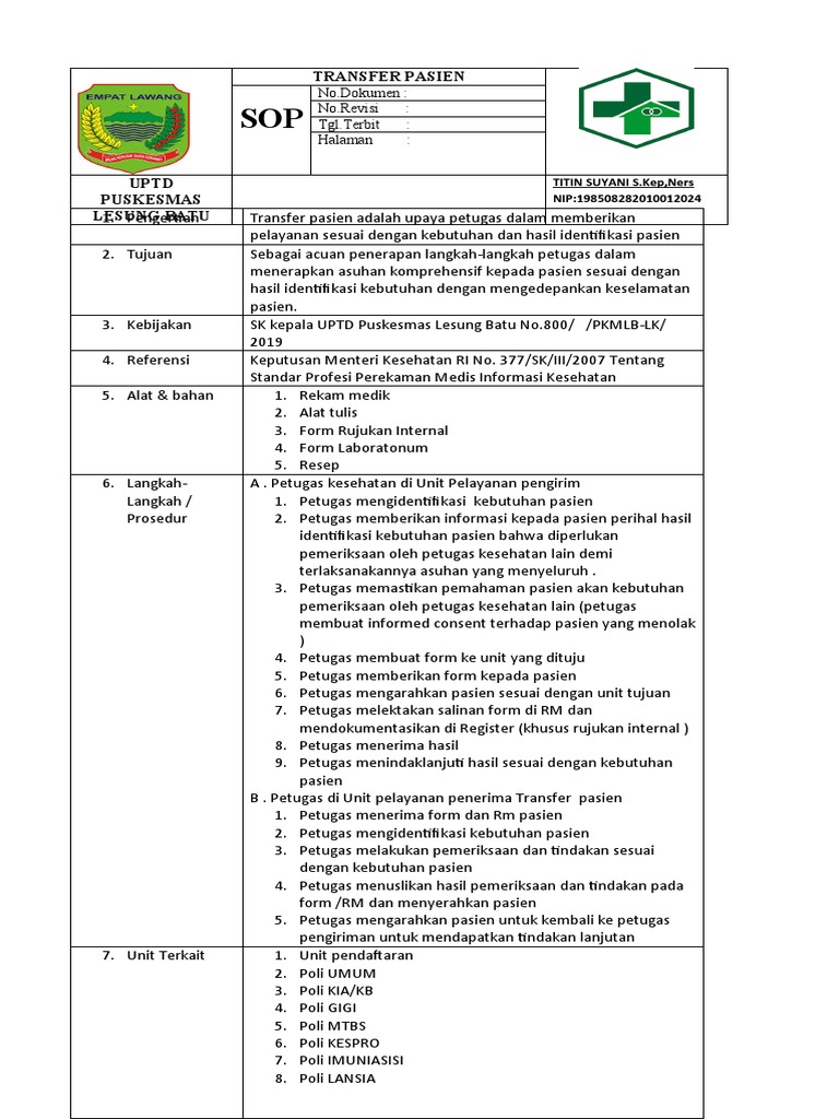 7.1.3 Elemen 7 Sop TRANSFER PASIEN | PDF
