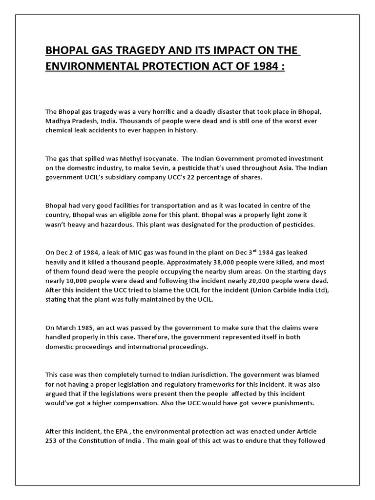 Bhopal Gas Tragedy and Epa 1984 | PDF | Pollution | Environmental ...