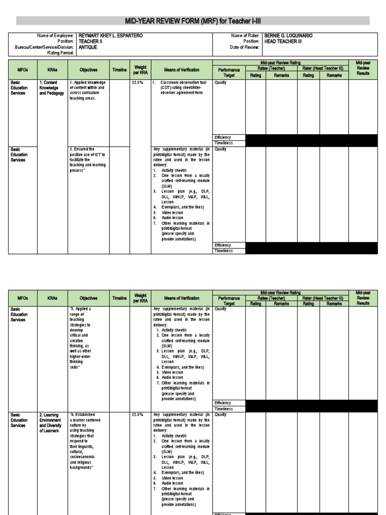 MID YEAR REVIEW FORM MRF For Teacher I III | PDF | Lesson Plan | Learning