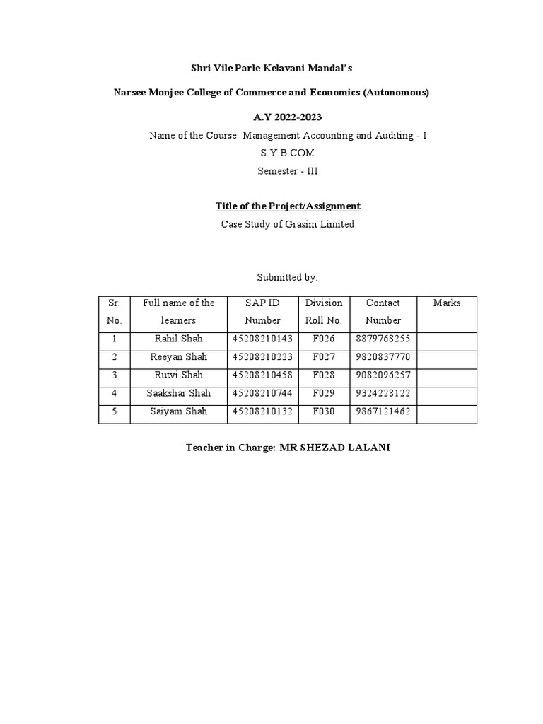 MA Div F 26-30 Case Study of Grasim Limited | PDF | Economies | Financial Accounting