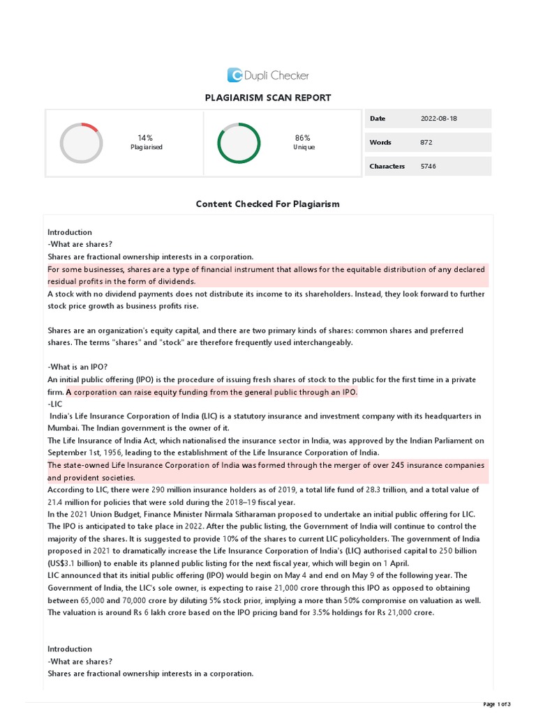 Plagiarism Report | PDF | Initial Public Offering | Stocks