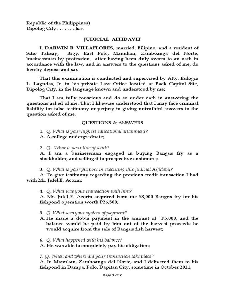 Judicial Affidavit-Villaflores | PDF | Affidavit | Perjury Judicial Affidavit-Villaflores | PDF | Affidavit | Perjury
