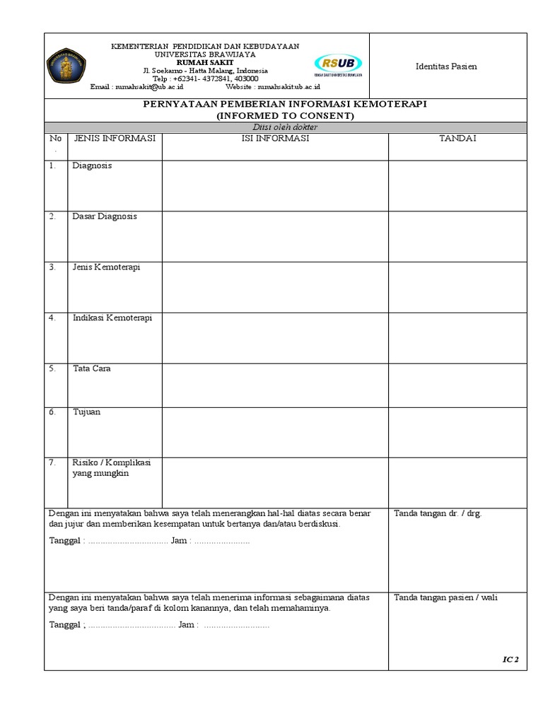 Ic2 Formulir Pernyataan Pemberian Informasi & Persetujuan Kemoterapi | PDF