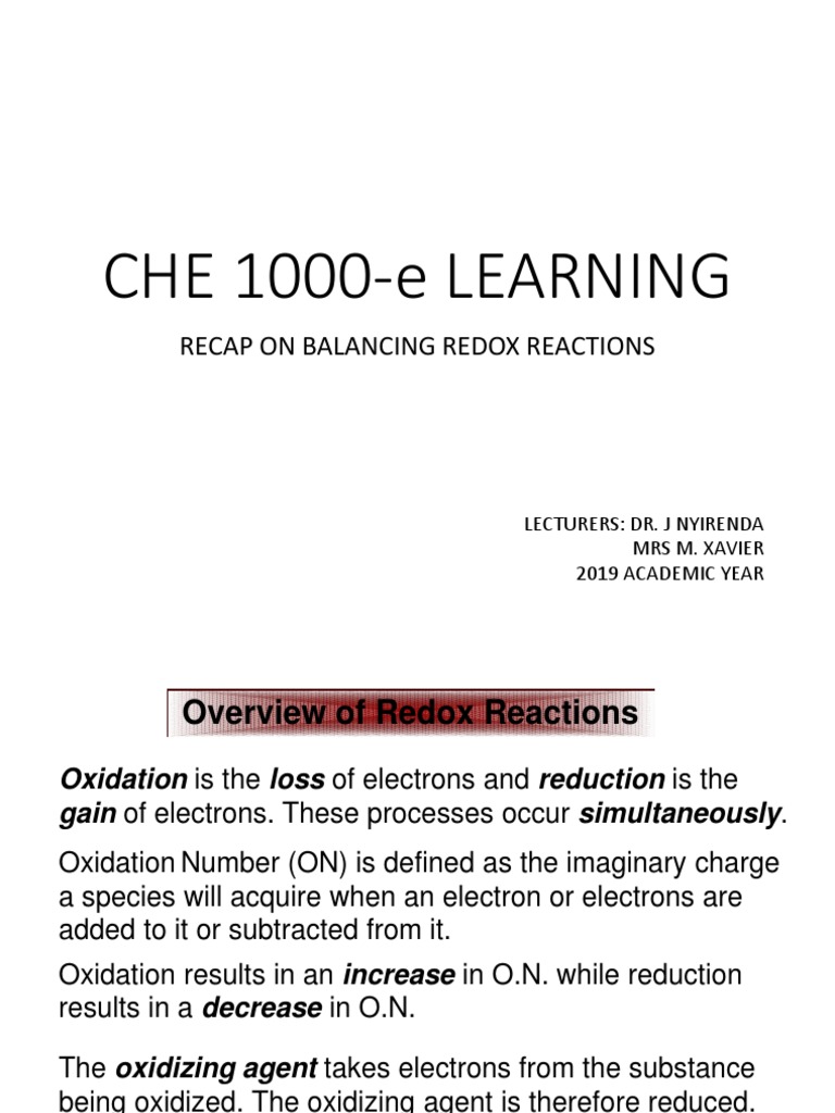 CHE 1000-E LEARNING - BALANCING REDOX REACTIONS | PDF | Redox ...
