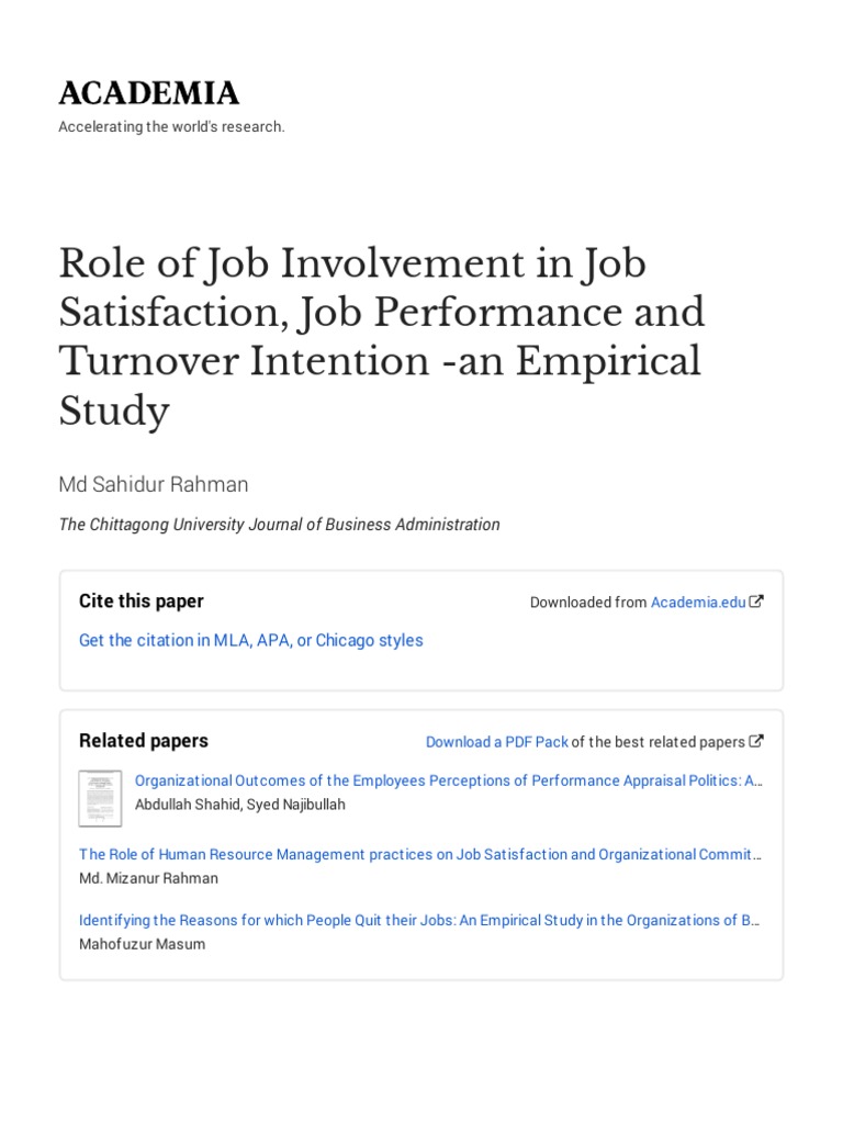 Role of Job Involvement in Job Satisfaction Job Performance and ...