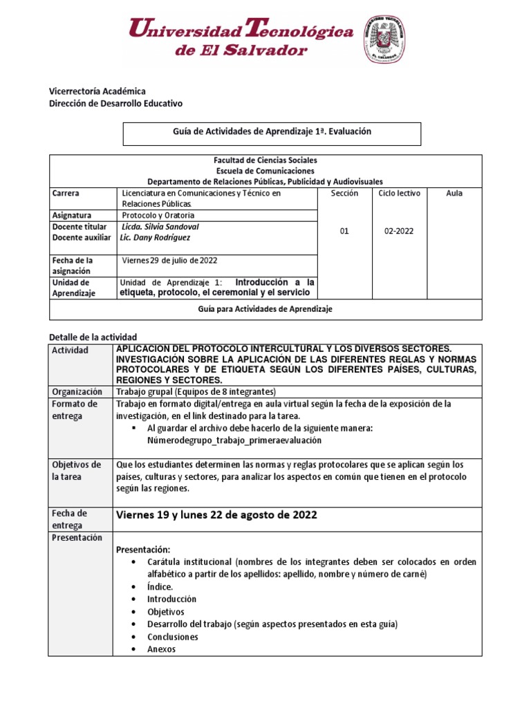 Guía 1 Protocolo y Oratoria, Sección 01 02 2022 | PDF | Prueba (evaluación)