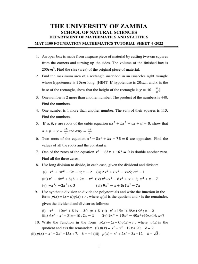 MAT1100 Tutorial Sheet 4 - 2022 | PDF | Zero Of A Function | Polynomial