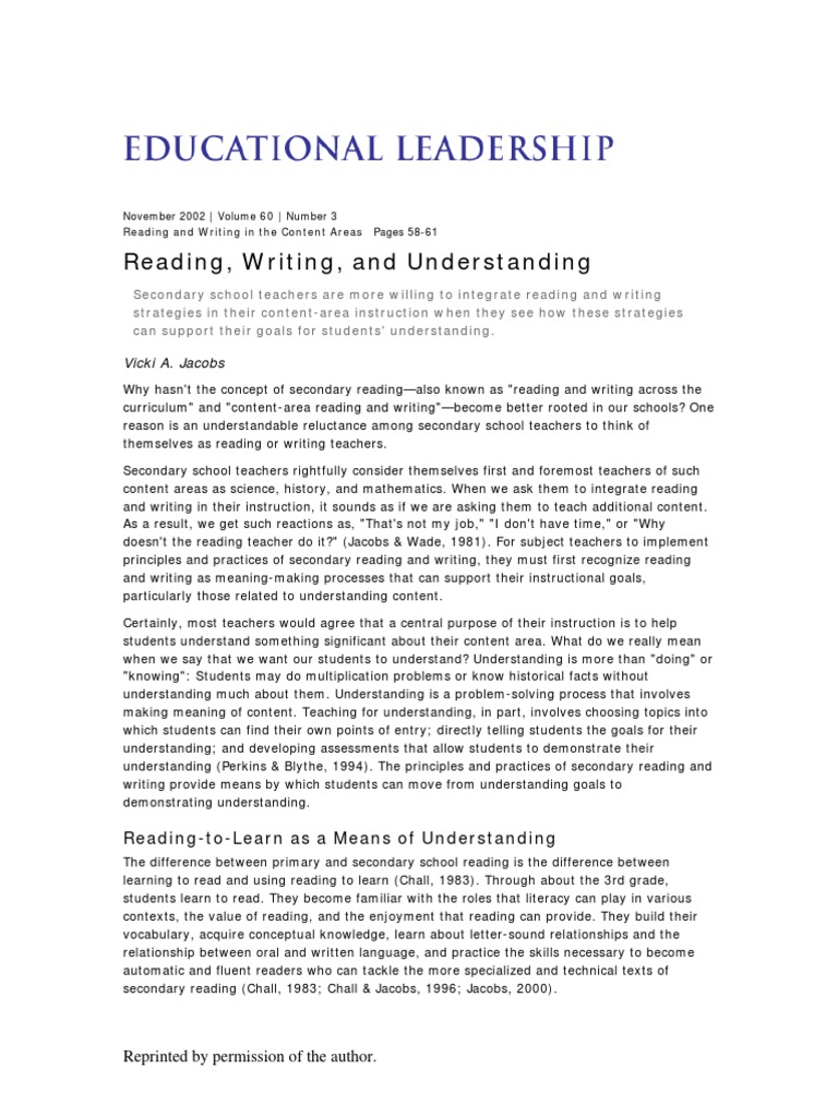 Reading, Writing, and Understanding: Vicki A. Jacobs | PDF | Reading ...