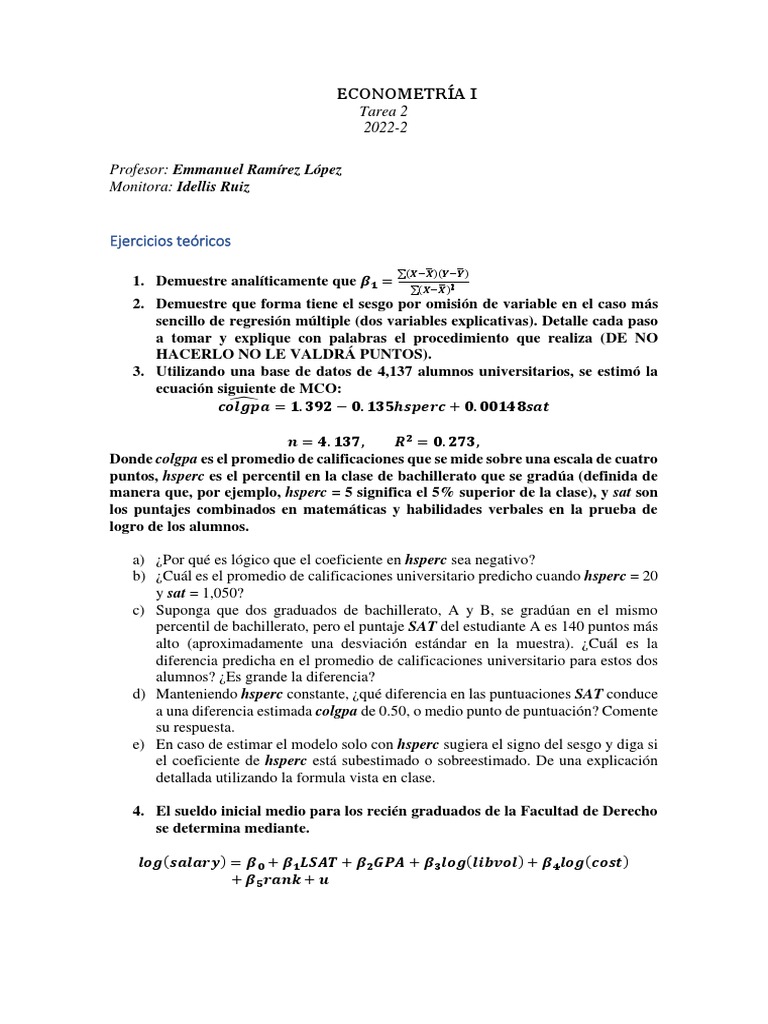 Tarea 2 Econometria I | PDF | Se sentó