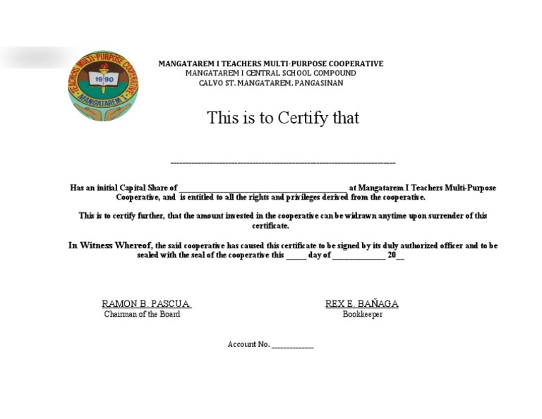Cooperative Share Capital Certificate | PDF