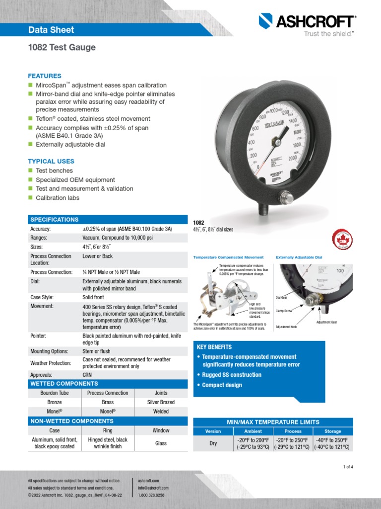 Datasheet 1082 Testpressure Gauge | PDF | Calibration | Pipe (Fluid ... Datasheet 1082 Testpressure Gauge | PDF | Calibration | Pipe (Fluid ...