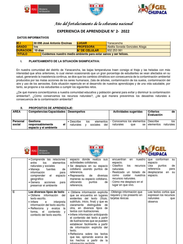 Experiencia De Aprendizaje Primer Grado Pdf Entorno Natural