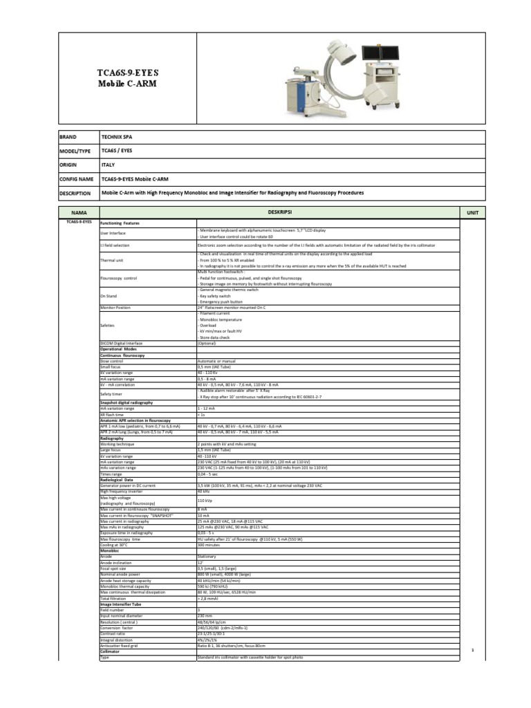 Spesifikasi TCA-6S Mobile C-ARM (TCA6S-9-EYES) | PDF | Charge Coupled ...