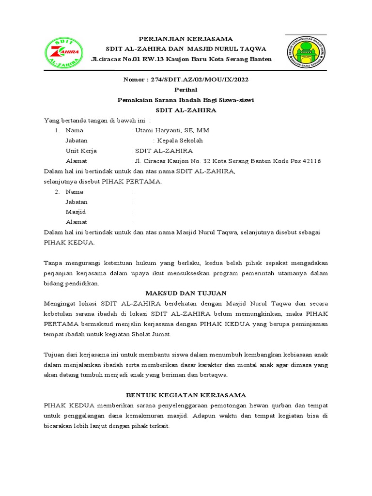 Kerjasama SDIT Al-Zahira dan Masjid Taqwa | PDF