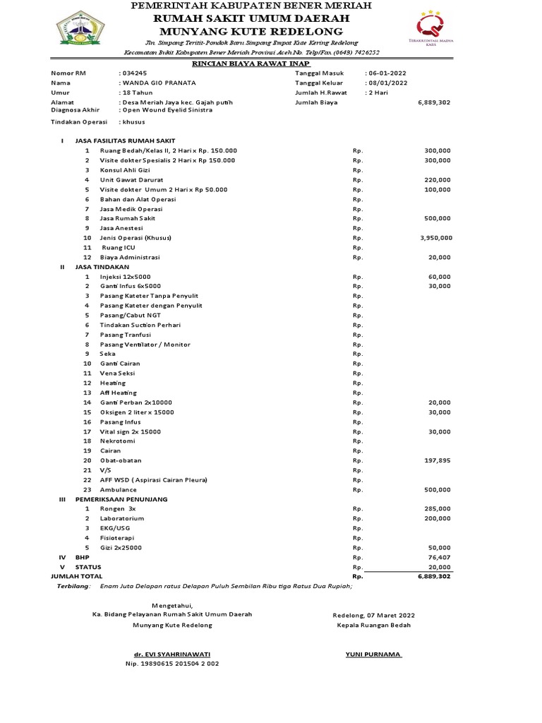Rincian Biaya Rawat Inap RSUD Bener Meriah | PDF
