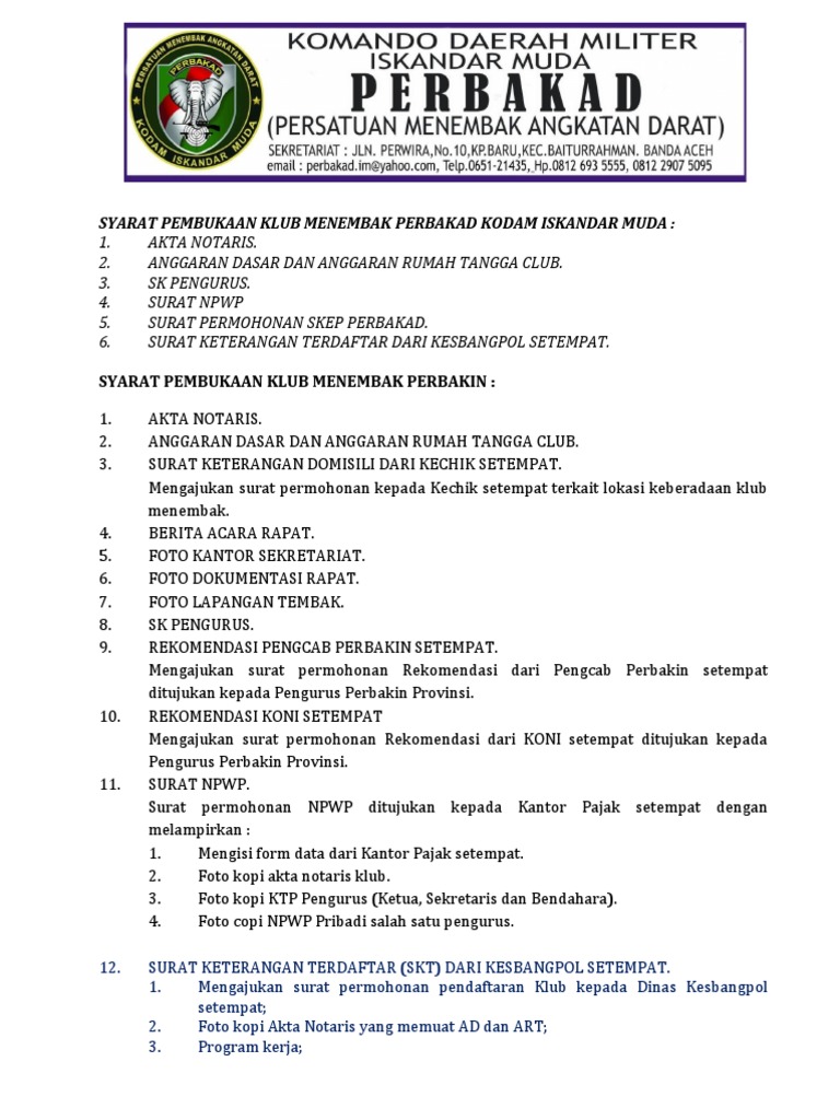 Syarat Pembukaan Club Menembak Perbakin & Perbakad | PDF