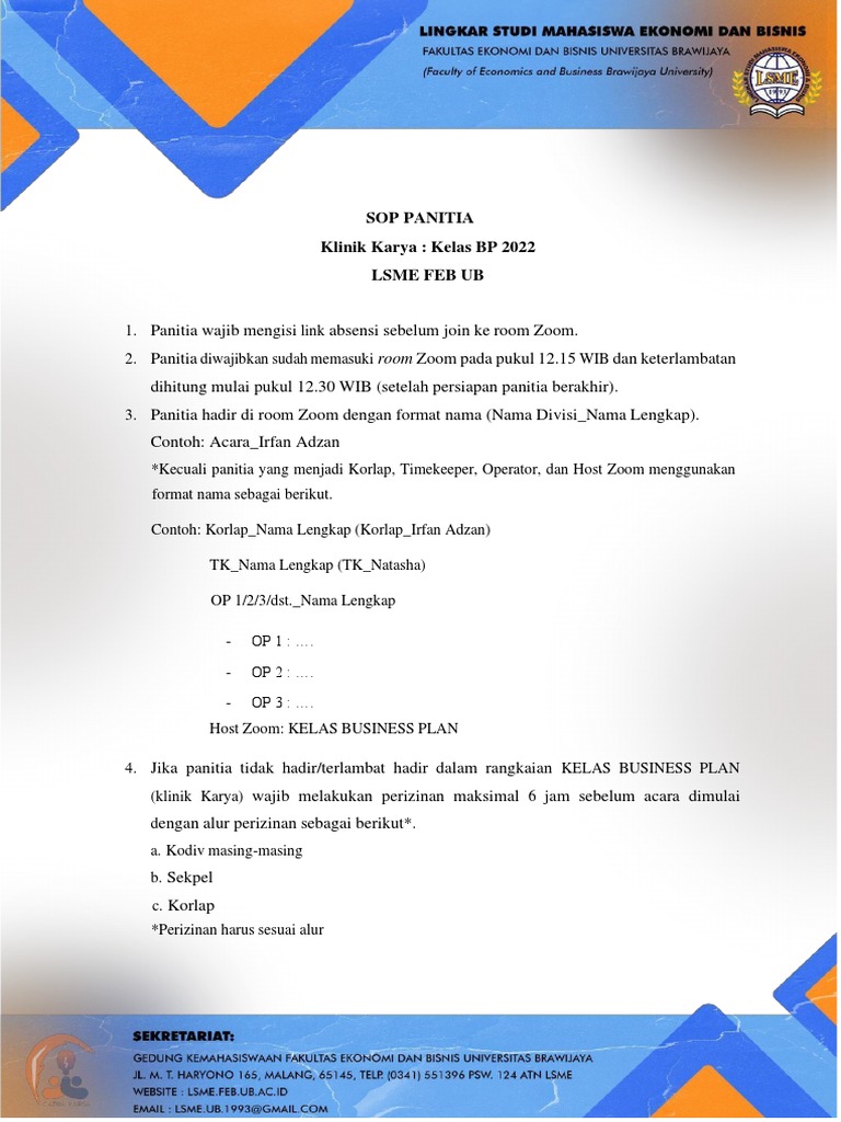 SOP Panitia Kelas BP LSME FEB UB | PDF
