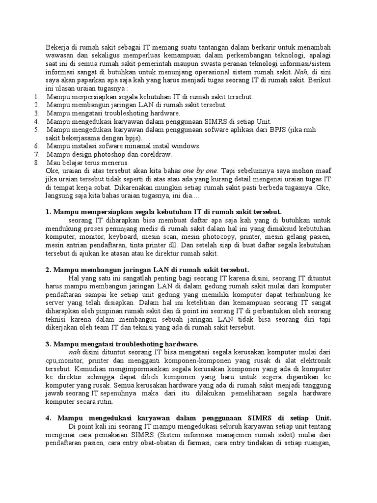 Tugas IT di Rumah Sakit dan SIMRS | PDF