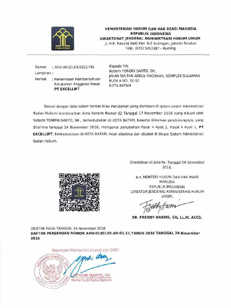 SK Kementerian Hukum Dan Ham Akta Pendirian Perusahaanexcellift | PDF