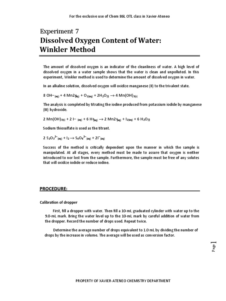Experiment 7 Dissolved Oxygen Alcantaraquijanotabaranza | PDF | Mole (Unit) | Chemistry