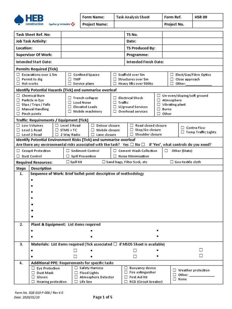 SQE-010-F-006 (HSR09) Site Health Safety Task Sheet Form V4.0 | PDF | Risk | Road