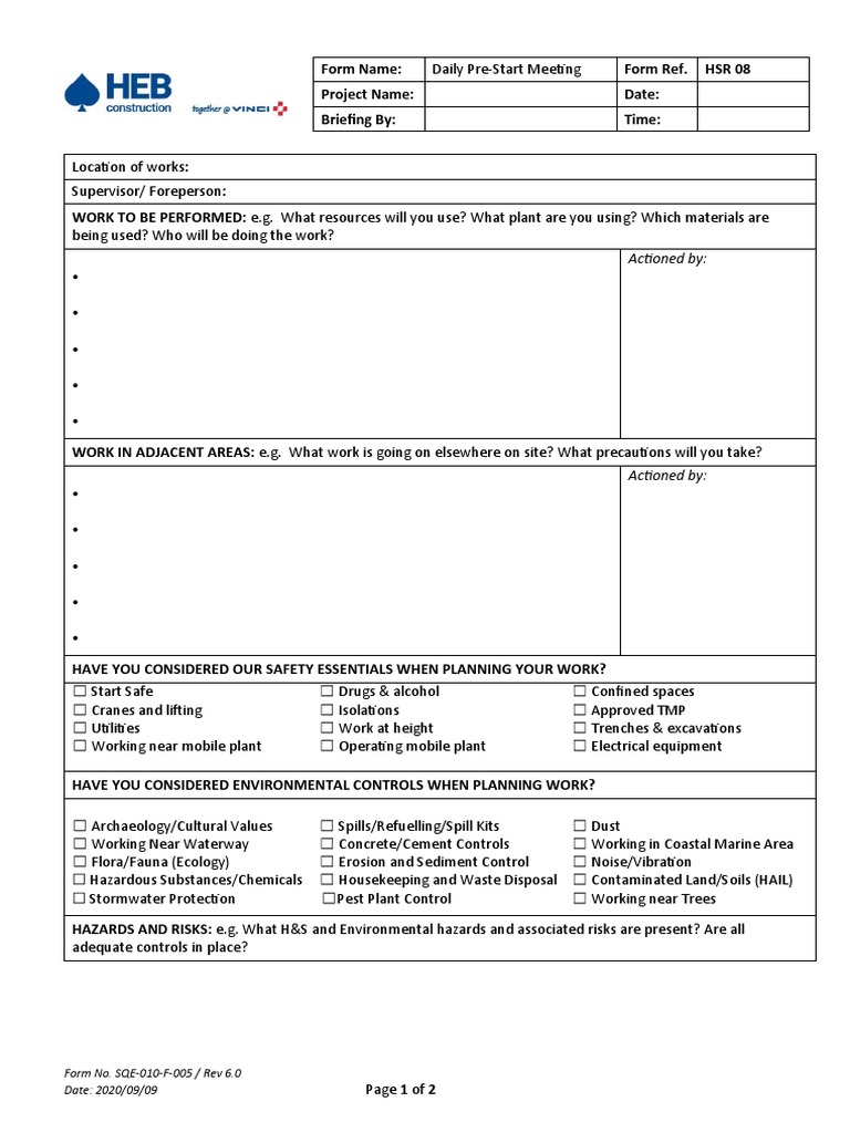 SQE-010-F-005 (HSR08) Daily Pre Start Meeting Form V6.0 | PDF | Natural ...