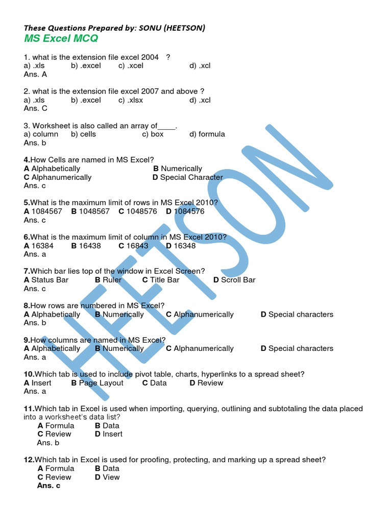 Excel MCQ | PDF | Microsoft Excel | Spreadsheet Excel MCQ | PDF | Microsoft Excel | Spreadsheet