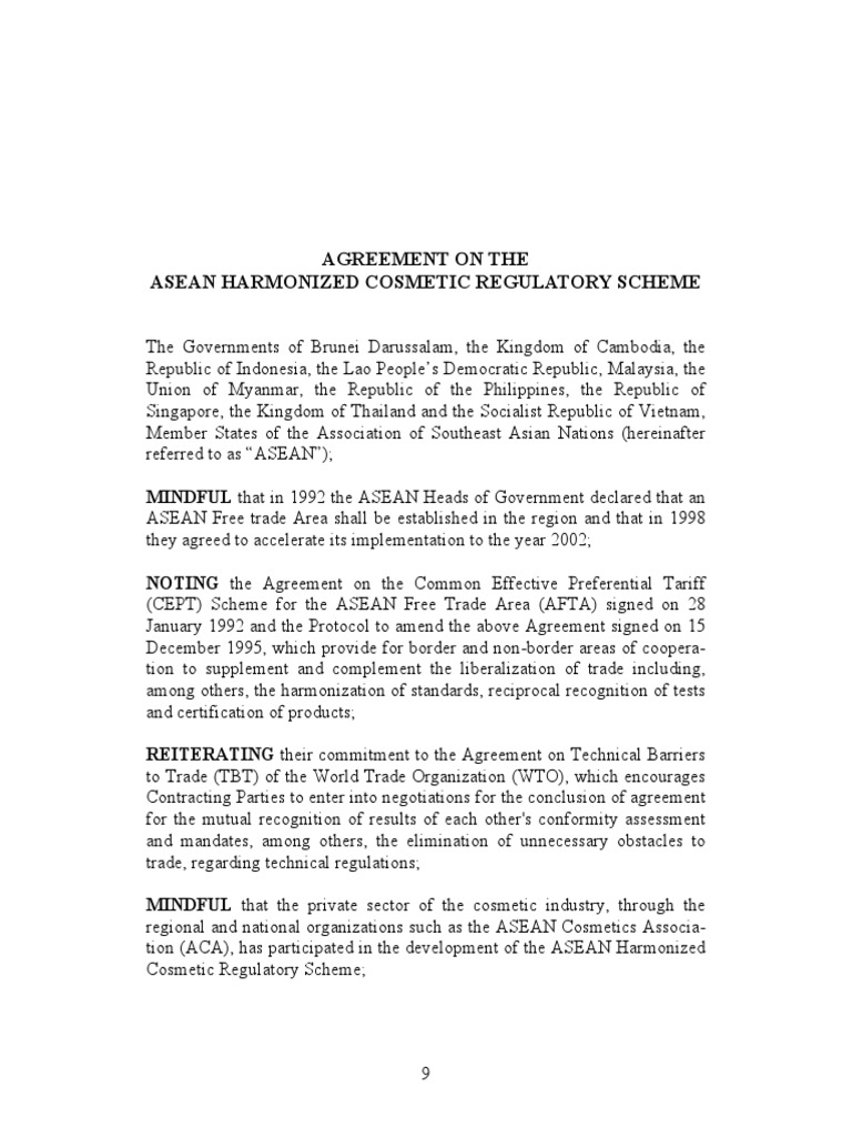 Agreement On Asean Harmonized Cosmetic Regulatory Scheme | PDF | Asean ...