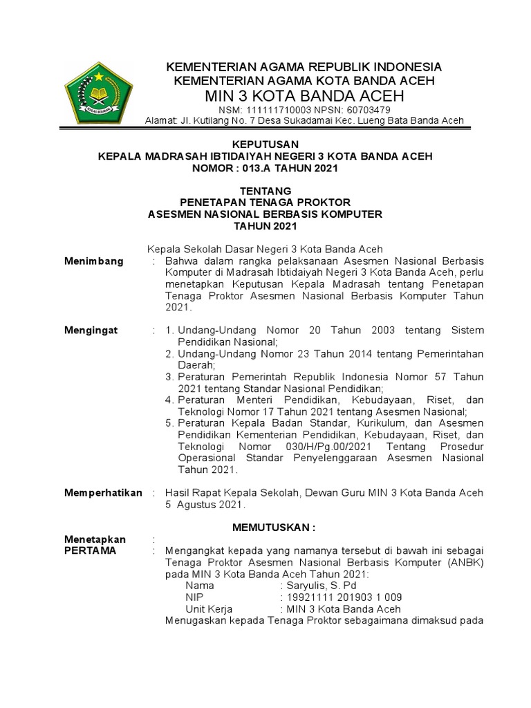 Contoh SK Proktor ANBK - WWW - Kherysuryawan.id | PDF