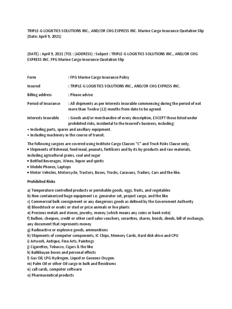 FPG Insurance Quote | PDF | Cargo | Insurance
