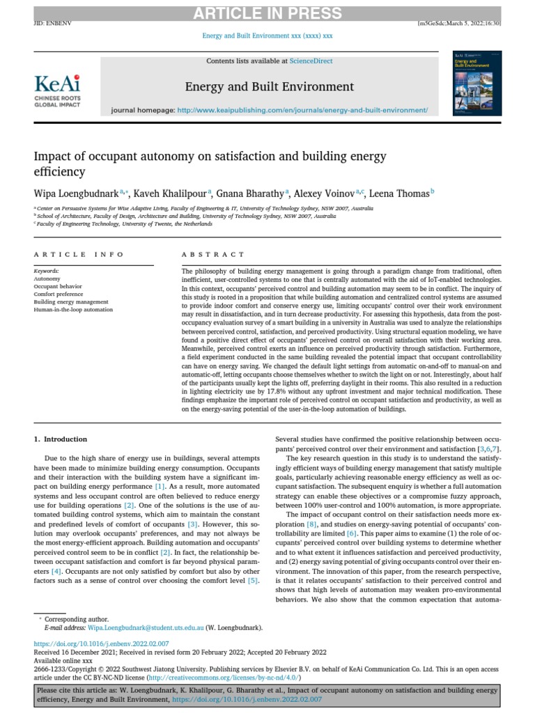 Impact of Occupant Autonomy On Satisfaction and Building Energy Effciency | PDF | Lighting ...
