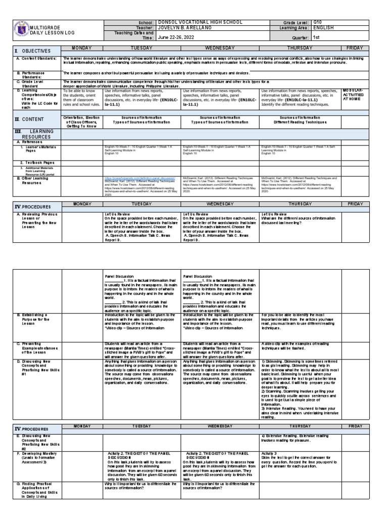 G10 ENGLISH DLL Aug 22 26 SY 2022 2023 | PDF | Speed Reading | Learning