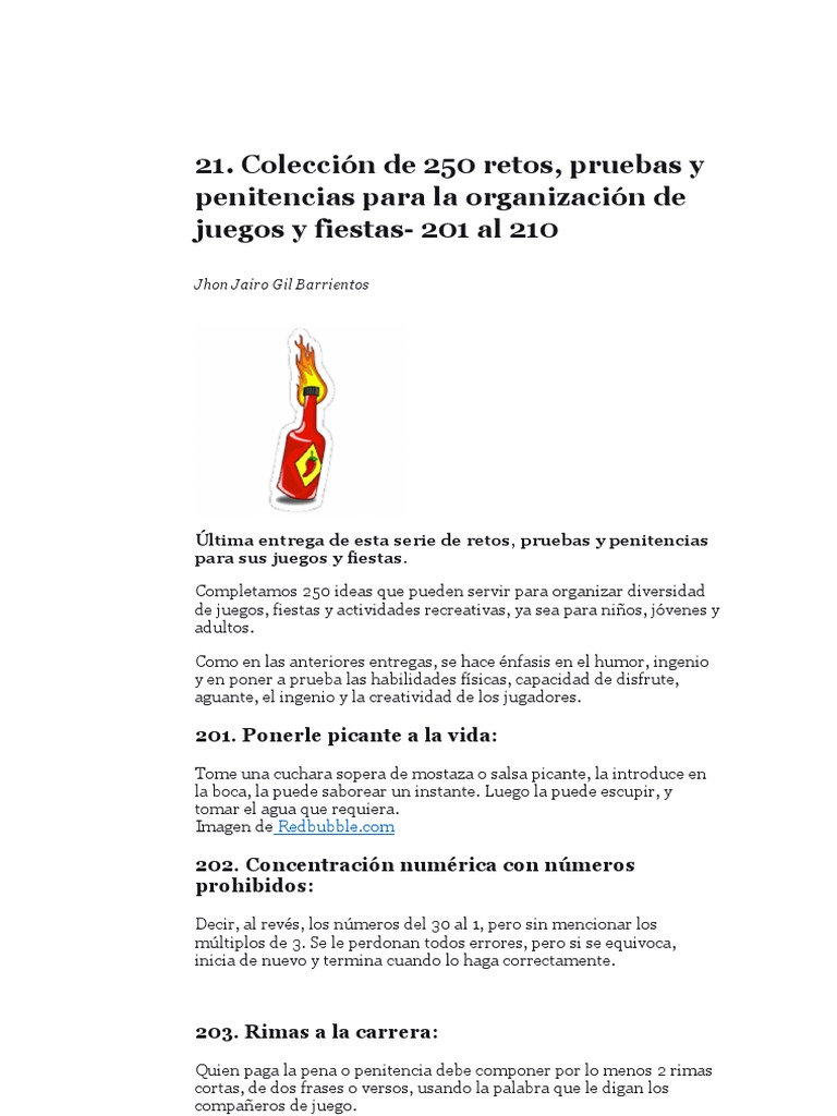 Colección de 250 Retos, Pruebas y Penitencias para La Organización de Juegos y Fiestas | PDF ...