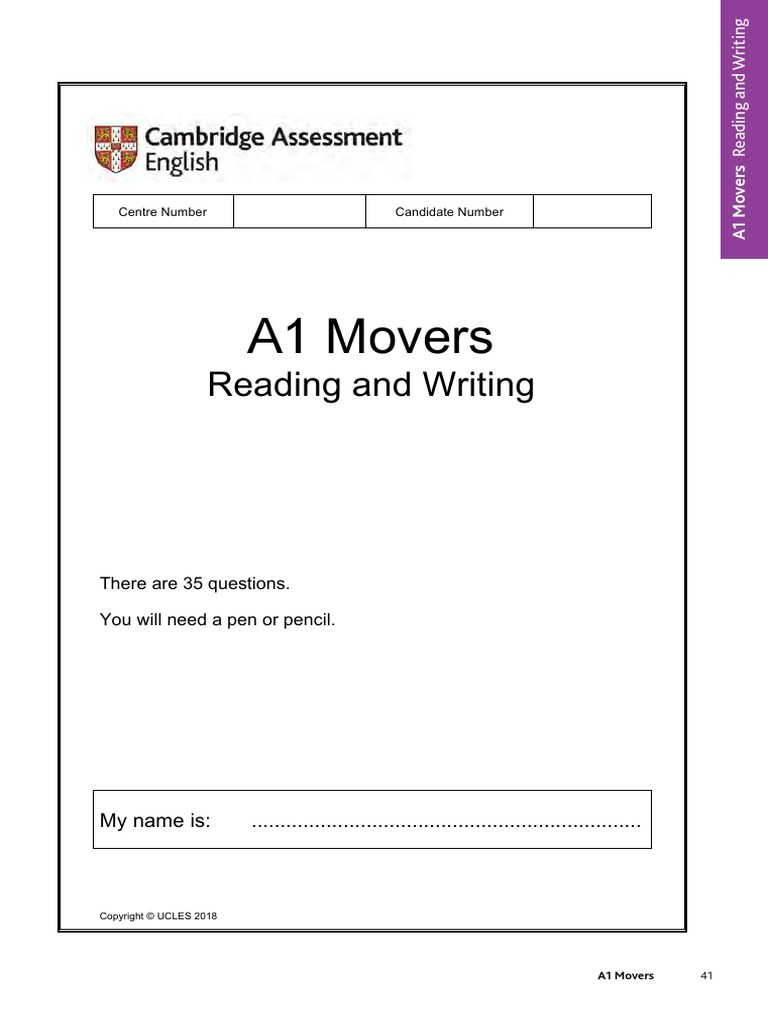 A1 Movers Sample Papers. Pg. 27 - Vol 2. - Reading and Writing | PDF