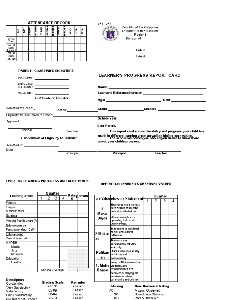 SF 9 - JHS (Learner's Progress Report Card B) (5 Files Merged) | PDF | Middle Schools