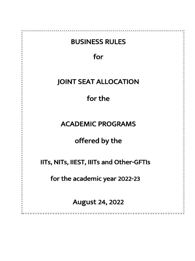 Business Rules For Joint Seat Allocation For The Academic Programs Offered by The | PDF ...