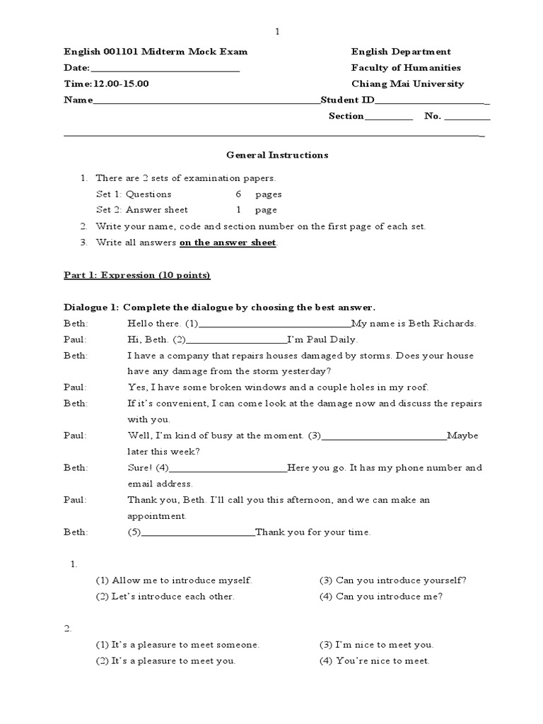 English 101 Mock Midterm Exam For Students | PDF | Musical Theatre ...
