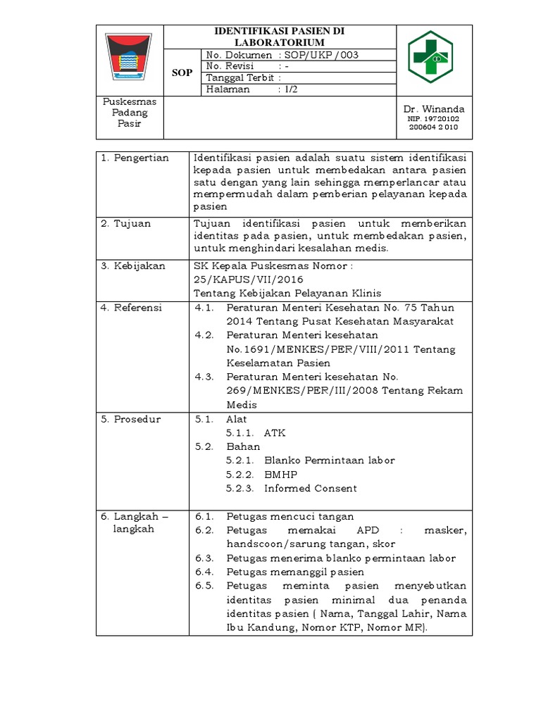 7.1.1.7. SOP Identifikasi Pasien Labor | PDF | Pengembangan Diri | Kesehatan Holistik