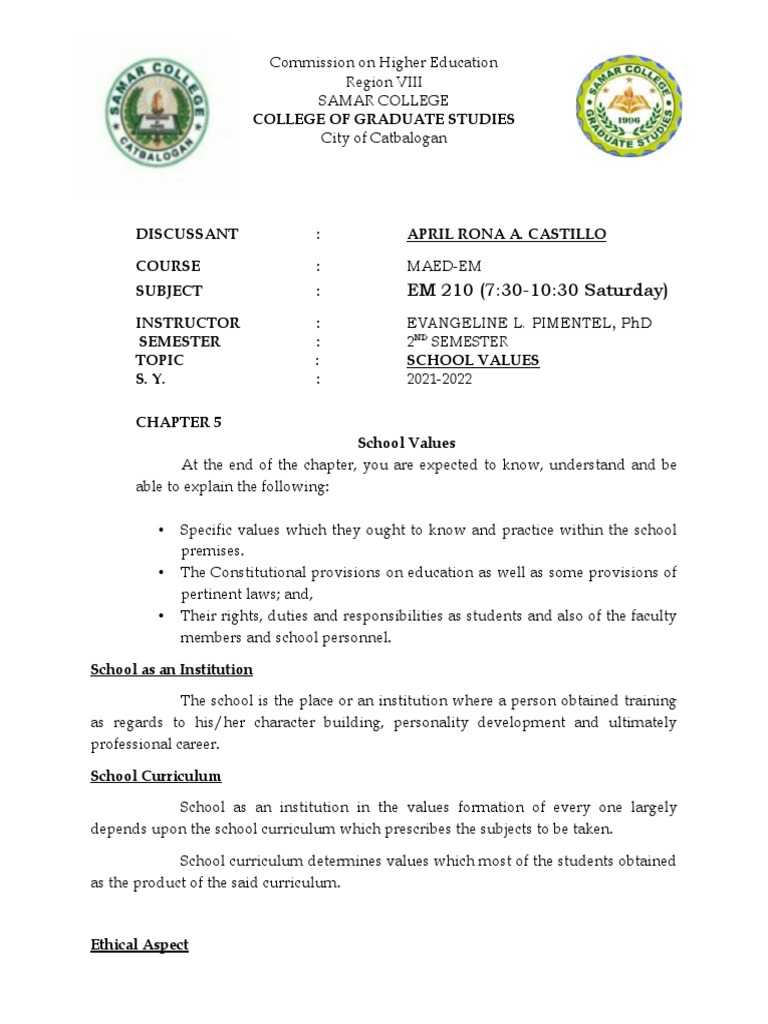 Chapter 5 School Values | PDF | Schools | Curriculum