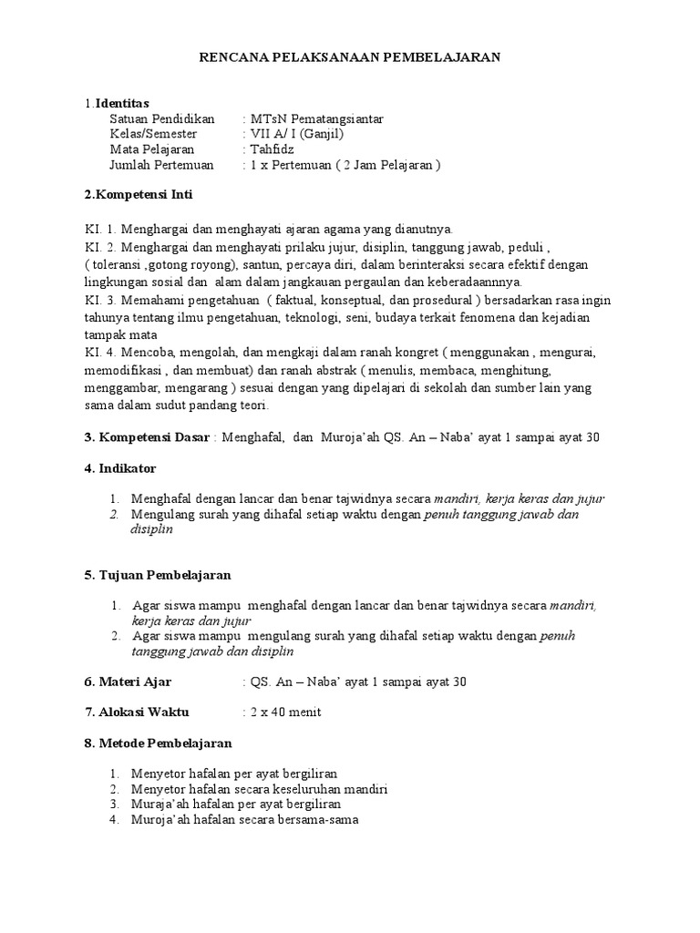 RPP Mapel Tahfidz | PDF