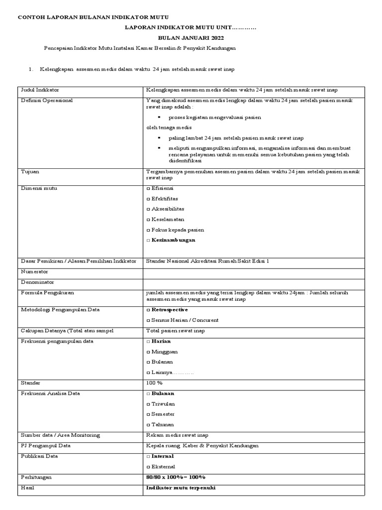Contoh Laporan Bulanan Indikator Mutu | PDF